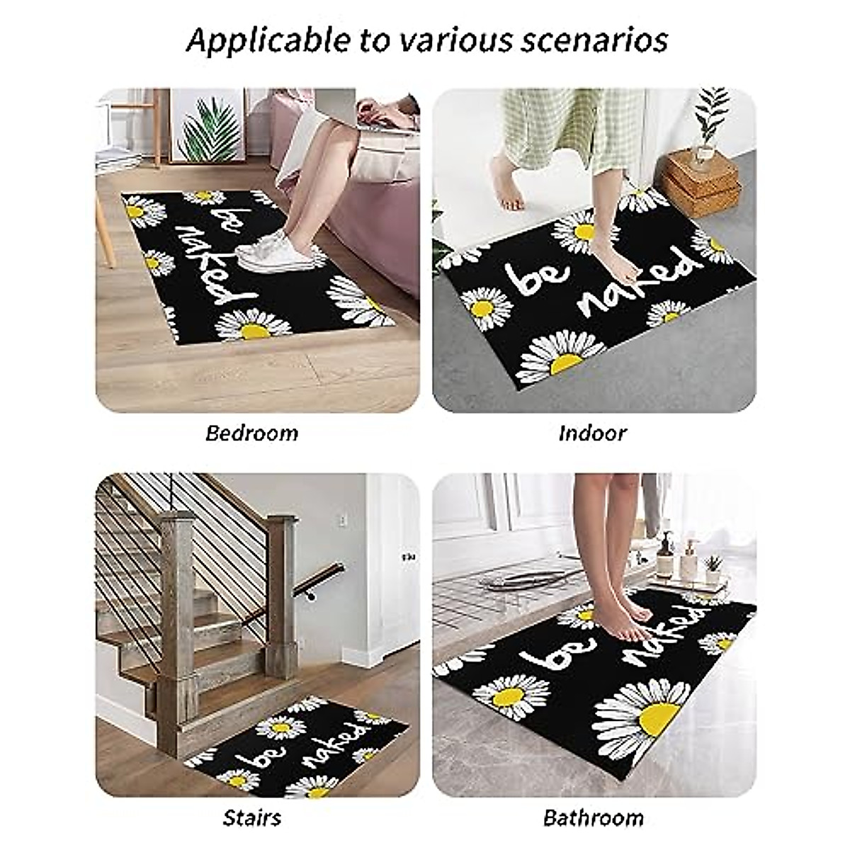 Indoor Door Mat Washable Mat 18x30 Inch - Outdoor Non-Slip Mat Absorbent Resist Dirt Doormats Be Naked Little Daisy Tile Pattern Black Floor Mat for Entryway Patio Bathroom