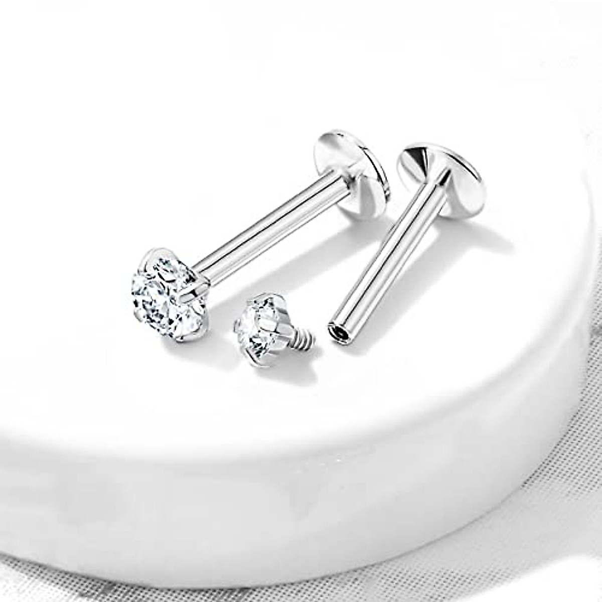 Forbidden Body Jewelry 16 g Titanium Internally Threaded Tragus Piercing CZ Top Flat Back Piercing Nose Studs Earring, Helix, Cartilage, Labret, Monroe for Women or Men (10mm/3mm X2)…