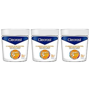 Clearasil Acne Treatment Facial Cleansing Pads, Stubborn Acne Control 5-in-1 Daily Pads, 90 Pads (Pack of 3)