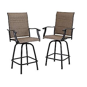 PHI VILLA 2 PCS Outdoor Swivel Bar Stools Bar Height Patio Chair with Padded Sling Fabric, All Weather Resistant Steel Frame