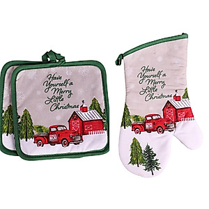 Have Yourself A Merry Little Christmas Farmhouse Vintage Red Truck Decorative Oven Mitt Potholders Kitchen Set 2 Potholders 1 Oven Mitt, Optional Christmas Cards Super Value Pack