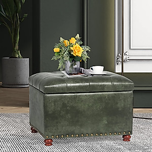 Joveco Storage Ottoman Rectangular Tufted Upholstered Ottomans with Rivet, Footrest Footstool Seat with Wood Legs for Living Room Bedroom (Black Green)