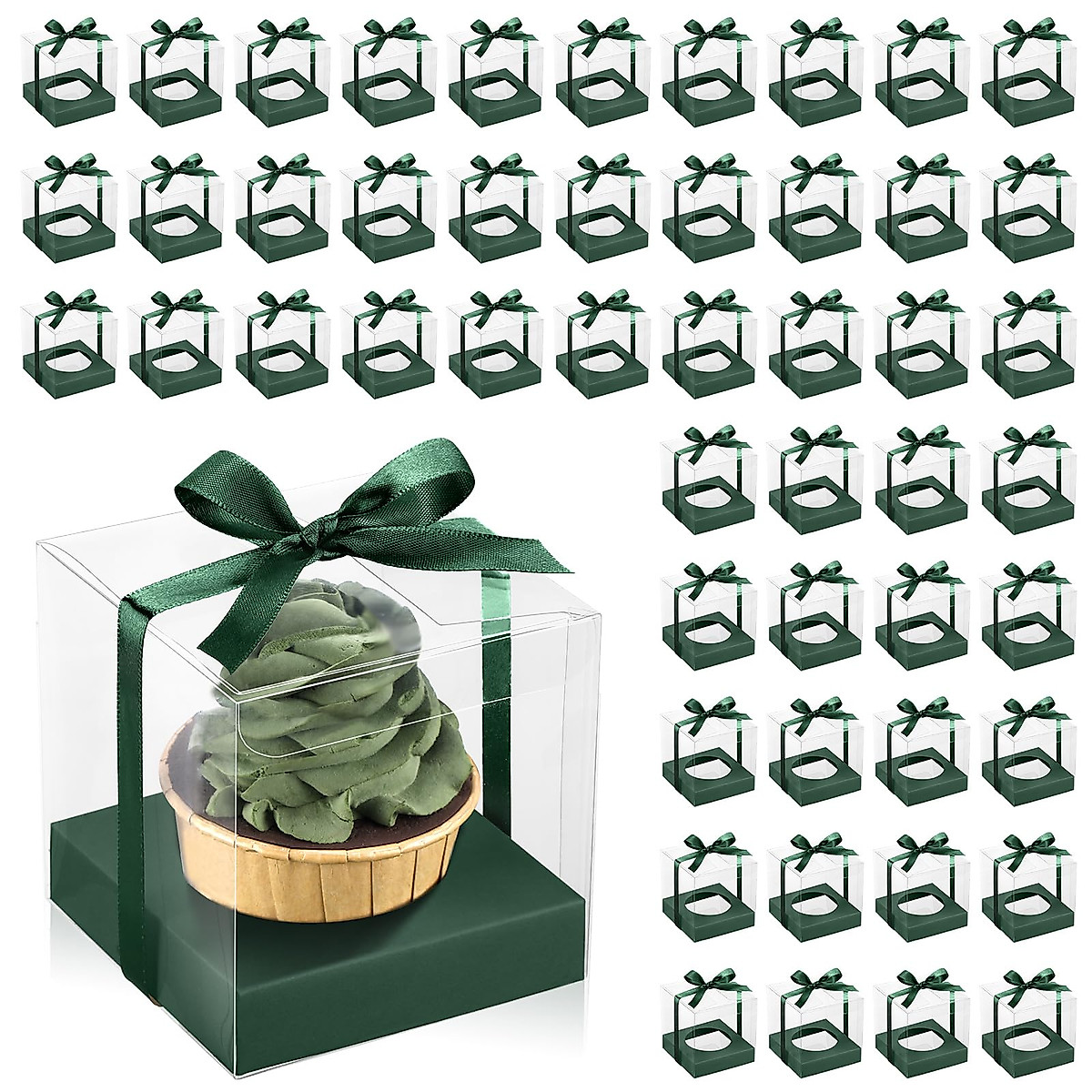 Thenshop 50 Pcs Clear Cupcake Boxes Individual 3.5 Inch Plastic Single Cupcake Containers Boxes with Inserts and Ribbon Individual Cake Storage Holders for Cake Kitchen(Green)
