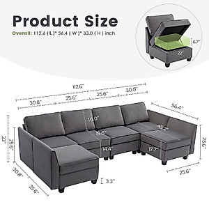 DIFY Modular Sectional Sofa Couch with Storage Seat, Oversized U-Shaped Reversible Couch for Living Room, Apartment and Office, 6 Seat Sofa with 8 Armrests, Convertible Chaise Sofa, Velvet Grey.