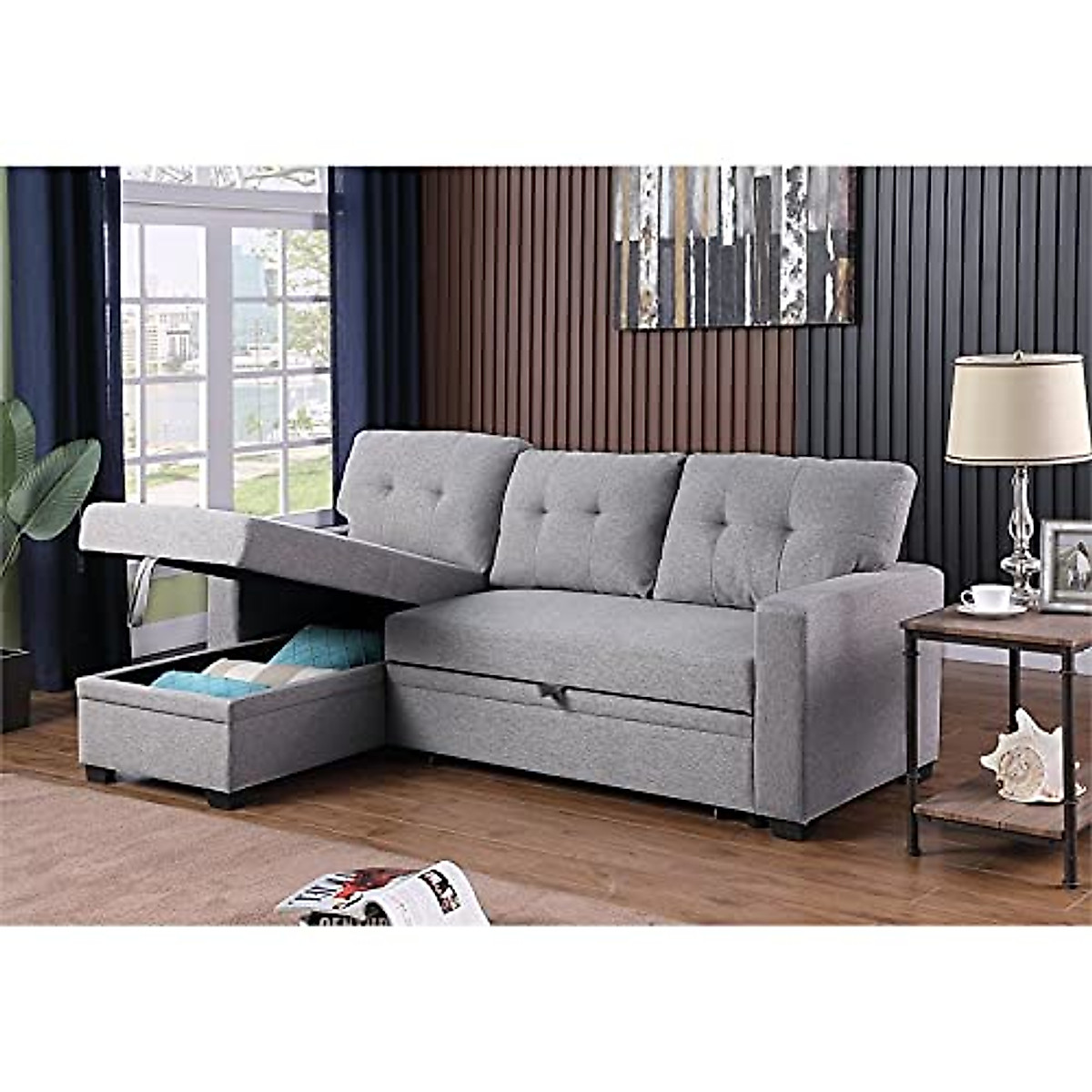 Pemberly Row Contemporary Fabric Reversible Sleeper Sectional Sofa in Light Gray