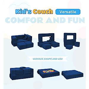 Elftopia Modular Kids Sofa,Toddler Couch Foam Armchair for Kids, Children Convertible Plush Sofa Play Set,Fold Out Sofa Bed(Navy)