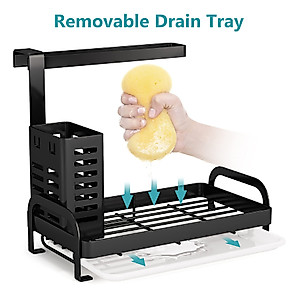 1Easylife Sink Caddy Organizer, Sponge Holder Brush Dishcloth Holder Hanger Kitchen Sink Caddy Black Countertop with Drain Tray for Kitchen Bathroom