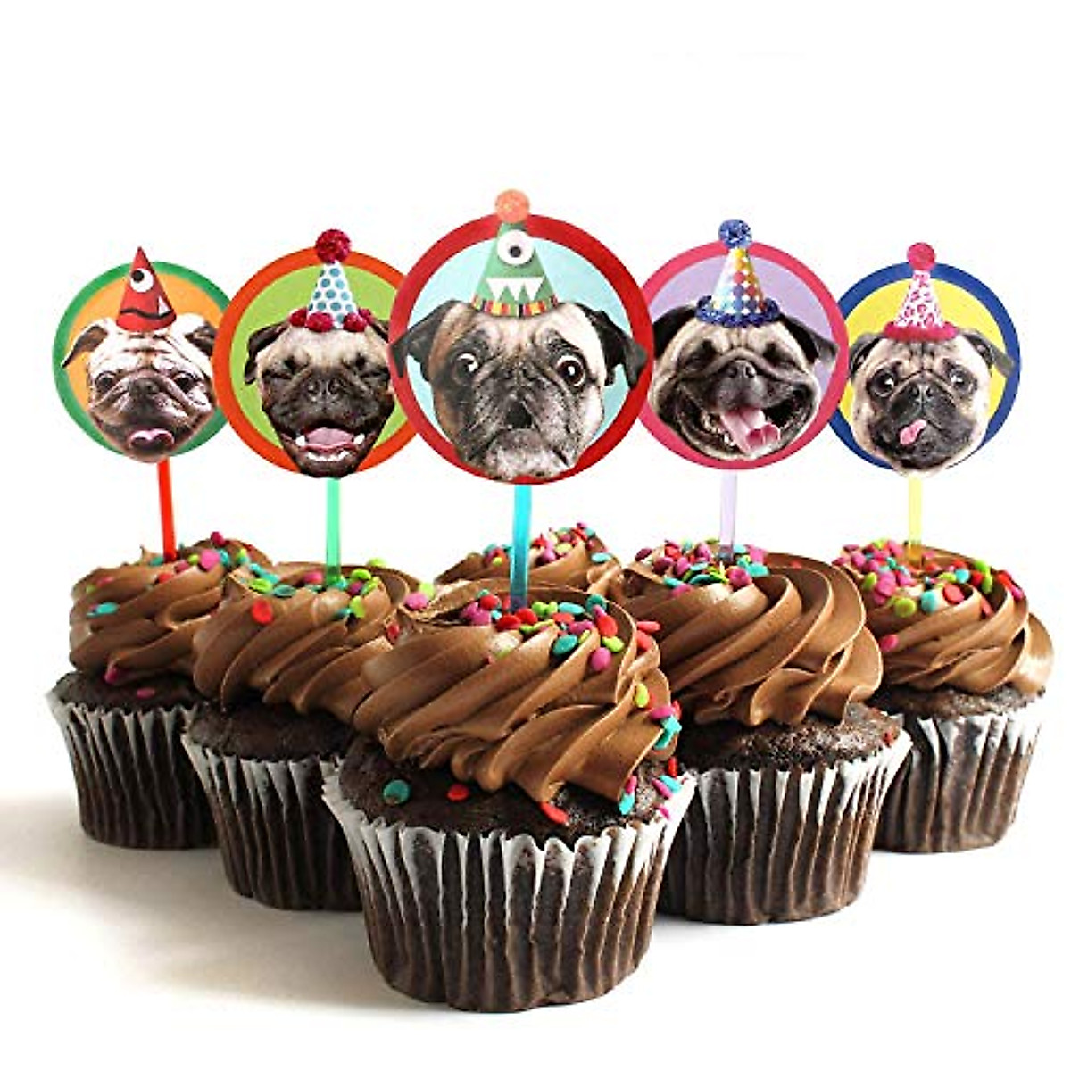 Pugs Cupcake Toppers, set of 6 different birthday dogs party decorations, printed both sides
