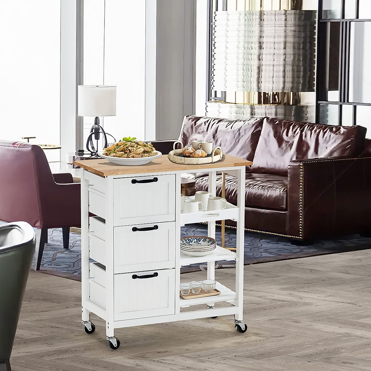 VINGLI Kitchen Island, Rolling Kitchen Storage Cart with 3 Drawers 3 Tier Holders Serving Bar Cart Coffee Bar Small Kitchen Microwave Trolley with Natural Solid Wood Top Caster Home Furniture