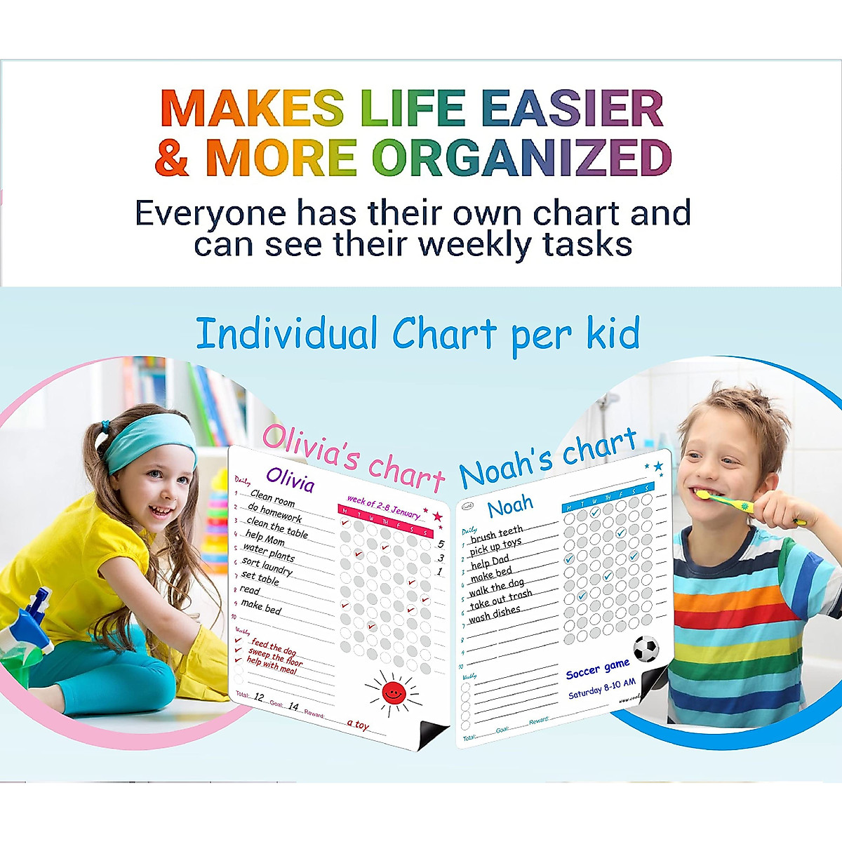2 Pcs Chore Chart for Kids Multiple Kids with 5 Magnetic Markers & Star Eraser- Behavior Reward Chart - Fridge Weekly Schedule White Board - Teens Adults Family - Home School Responsibility Planner