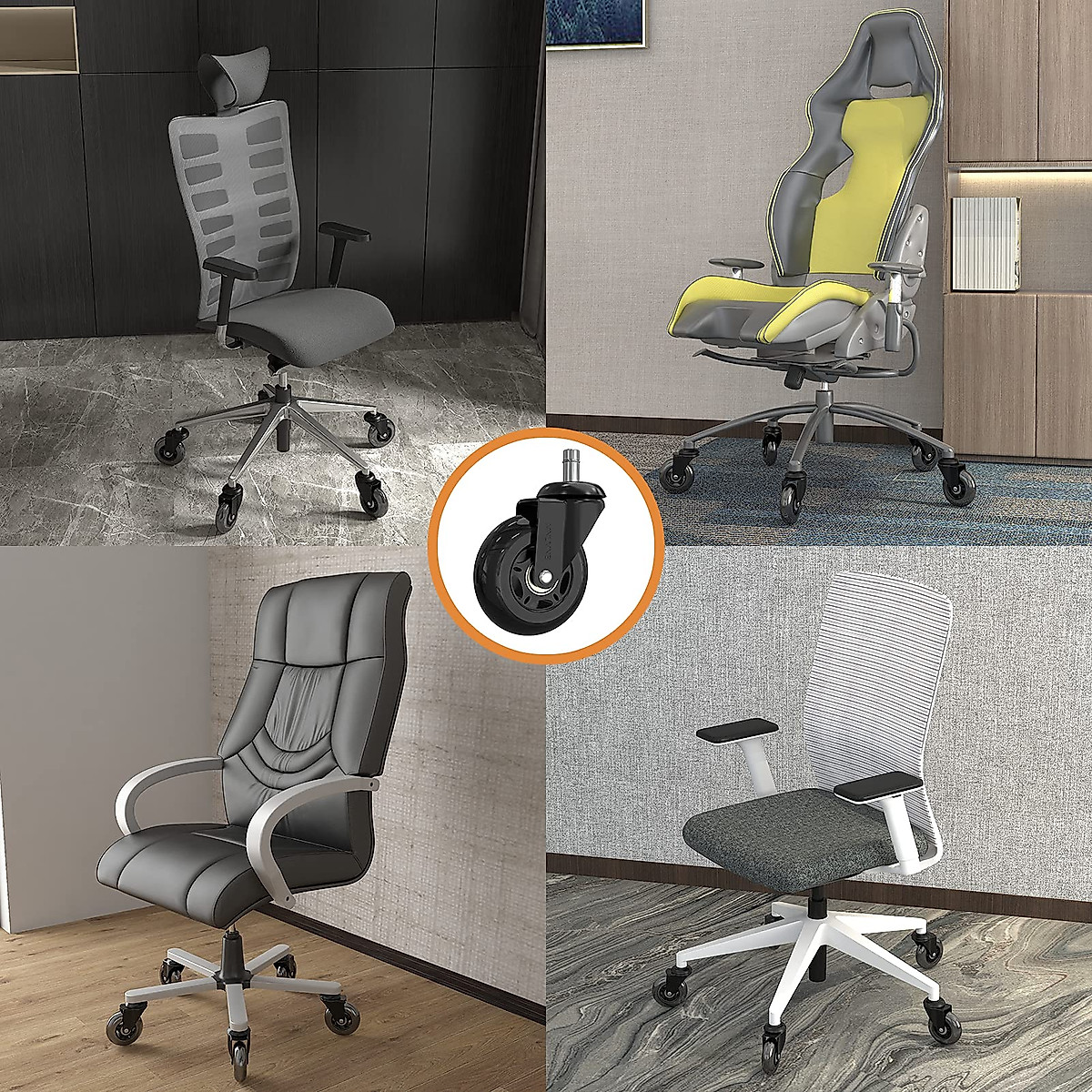 Office Chair Casters Wheels 3in Black Replacement Rubber Office Chair Wheels for Hardwood Floors and Carpet, Set of 5 Heavy Duty Office Chair Casters Smooth Safe Rolling(Black)