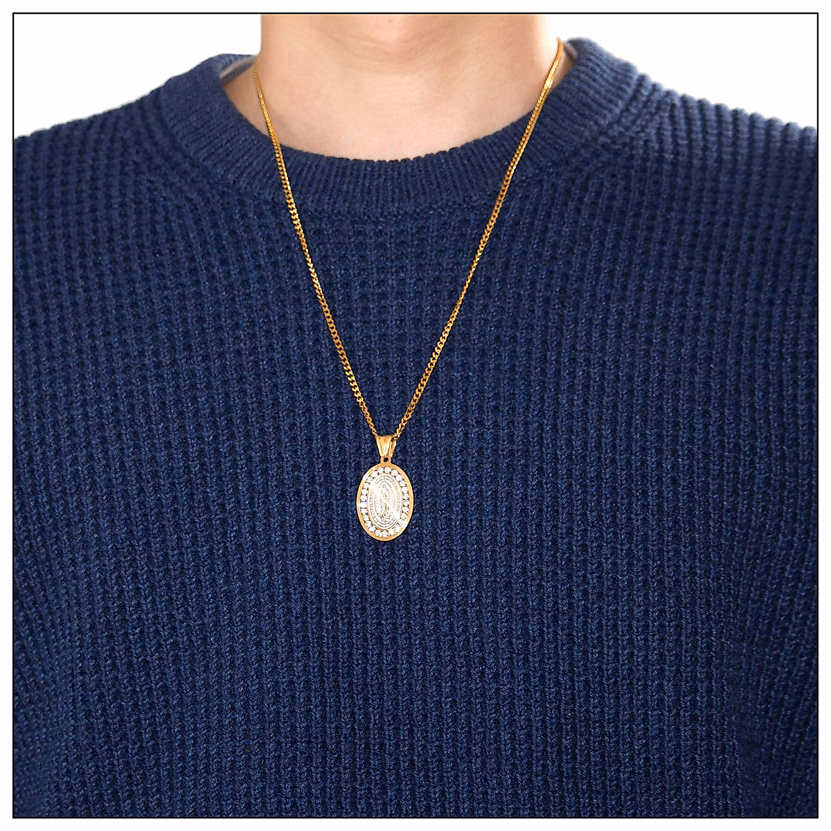 Heavstjer Fashion Stainless Steel Santa Maria Guadalupe Pendant Crystal Necklace(Gold)