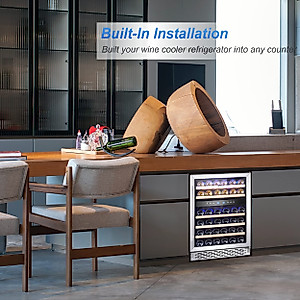 Phiestina Wine Refrigerator, 24 inch-46 Bottles Wine Cooler, Built-in Wine Fridge Under Counter or Freestanding Dual Zones, Auto Defrost with 6 Removable Shelves Glass Door for Home Office Bar