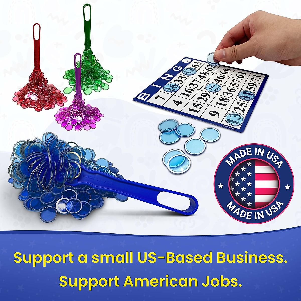 MR CHIPS Made in USA Set of 4 Bingo Magnetic Wands & 400 Pieces Upgraded ¾ Inch Plastic Chips with Metal Rings in 4 Colors Blue, Red, Green, and Purple