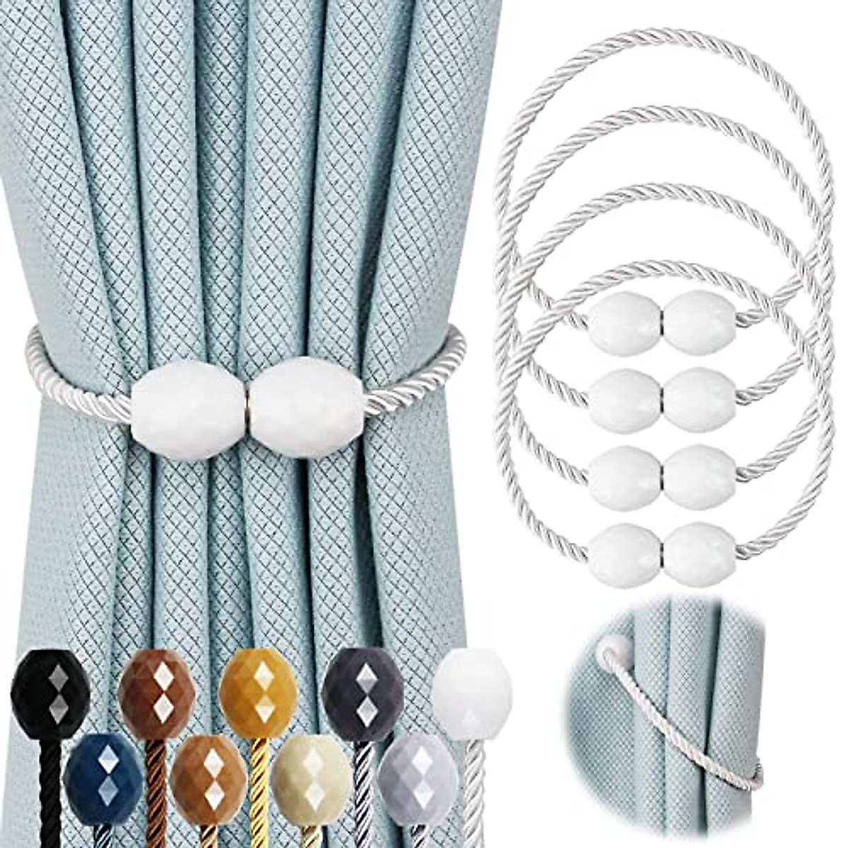 Hangtty 4 Pack Strong Magnetic Curtain Tiebacks Rope Decorative Curtain Tie Backs Magnetic Curtain Holders for Drapes Window Treatment Holdbacks, White