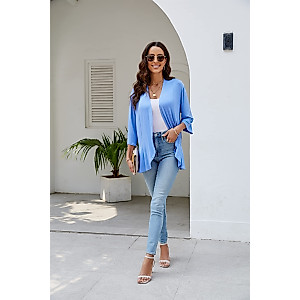 CASURESS Women's Casual Lightweight Open Front Cardigans Soft Draped Ruffles 3/4 Sleeve Cardigan (Light Blue, 3X-Large)