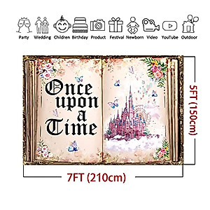 MAQTT Fairytale Book Photography Backdrop 7x5ft Once Upon A Time Backdrop for Girls Birthday Party Decoration Pink Flowers Butterfly and Castal Princess Backdrop for Baby Shower Cake Table Decor