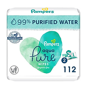 Pampers Aqua Pure Sensitive Baby Wipes, 99% Water, Hypoallergenic, Unscented, 2 Flip-Top Packs (112 Wipes Total)