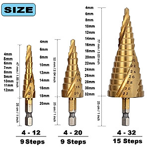 3Pcs HSS Spiral Step Drill Bit Set, 1/4" Hex Shank High Speed Steel Titanium Coated Cone Hole Cutter Bit with Automatic Center Punch for Drilling Plate Aluminum Metal Wood Hole (4-12mm/4-20mm/4-32mm)
