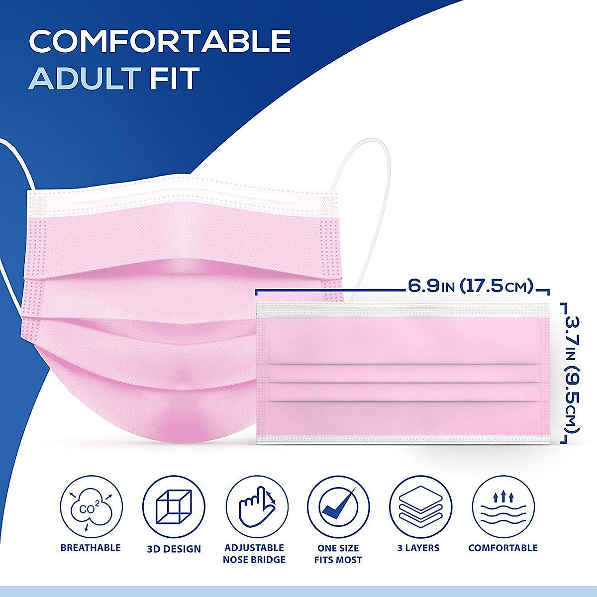 100PCS(2-Box) Cute Pink Disposable Earloop Face Masks for Adults,3-Ply Fabric (2-Layer Non-Woven,1-Layer Melt-Blown)w. Nose Clip,Anti-Dust,Water Proof,Single General Use (Other Color-Style Available).