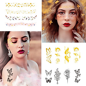 JEEFONNA 60 Sheets Face Temporary Tattoos, Metallic Fake Tattoos for Women, Men, Kids, Waterproof, Festival, Cosplay, Halloween