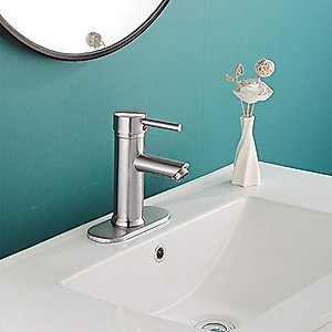 Bathroom Sink Faucet Brushed Nickel Single Hole One Handle Aerator Spout Sink Vanity Bath Lavatory Commercial Basin Faucet with Deck Plate Include PoP Up Drain with Overflow