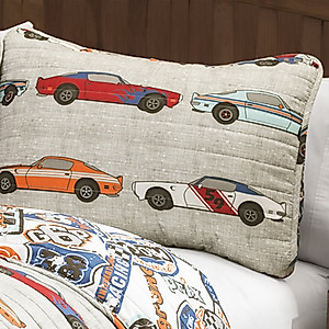 Lush Décor Lush Decor Beige Race Car Kids' 2-Piece Quilt, Reversible Bedding Set for Boys (Twin), Blue/Orange
