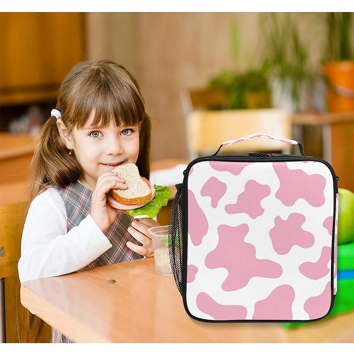 Pink Cow Print Camo Camoflage Lunchbox for Boys Girls,Insulated Lunch Tote Bag with Adjustable Strap,Leakproof and Durable Lunch Cooler for Work Office