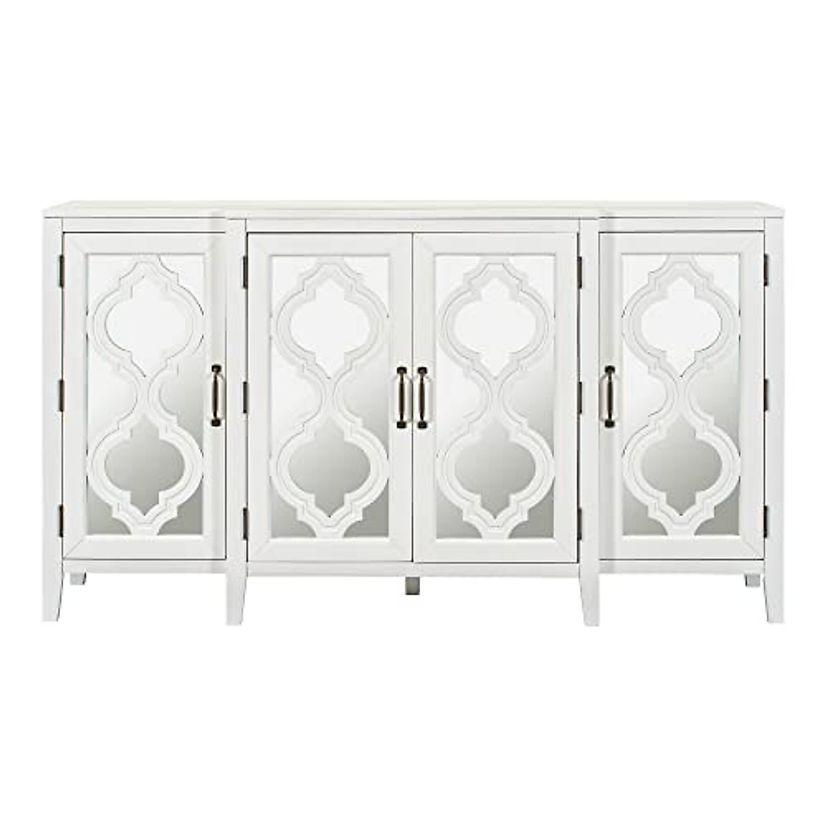 KLMM Stylish Mirrored Console Table Sideboard for Living Room Dining Room with 4 Cabinets and 3 Adjustable Shelves, Easy Assembly (White#O^)