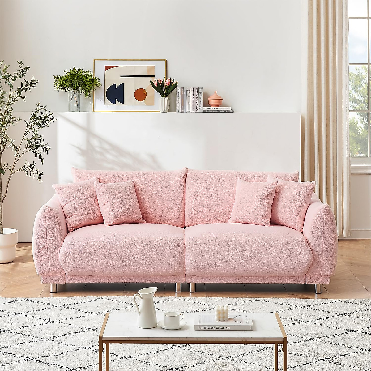 YCDIPING Comfy Teddy Wool Sofa Set with 4 Throw Pillows & Metal Legs 86.6" Apartment Size 4 Colour Choices Cozy Sitting (Pink)