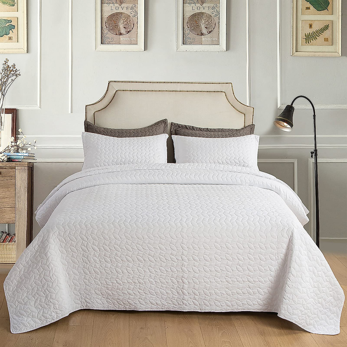 Hygge Hush Summer Quilt Set, Twin Size Pure White Leaves Pattern 2 Pieces Quilt Set, Oversized Modern Style Bedspread Set for All Season (1 Quilt & 1 Pillow Shams)