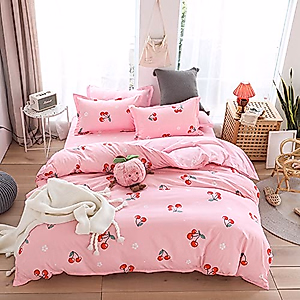 LAMEJOR Duvet Cover Set Queen Size Red Cherry/Floral Pattern Reversible Luxury Soft Bedding Set Comforter Cover (1 Duvet Cover+2 Pillowcases) Pink