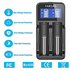 FARSAIL LCD Universal 18650 Battery Charger for 3.7V Li-ion Rechargeable Batteries 18650 18490 18350 17670 17500 16340(RCR123A) 14500 and Ni-MH Ni-CD Rechargeable AA AAA Batteries