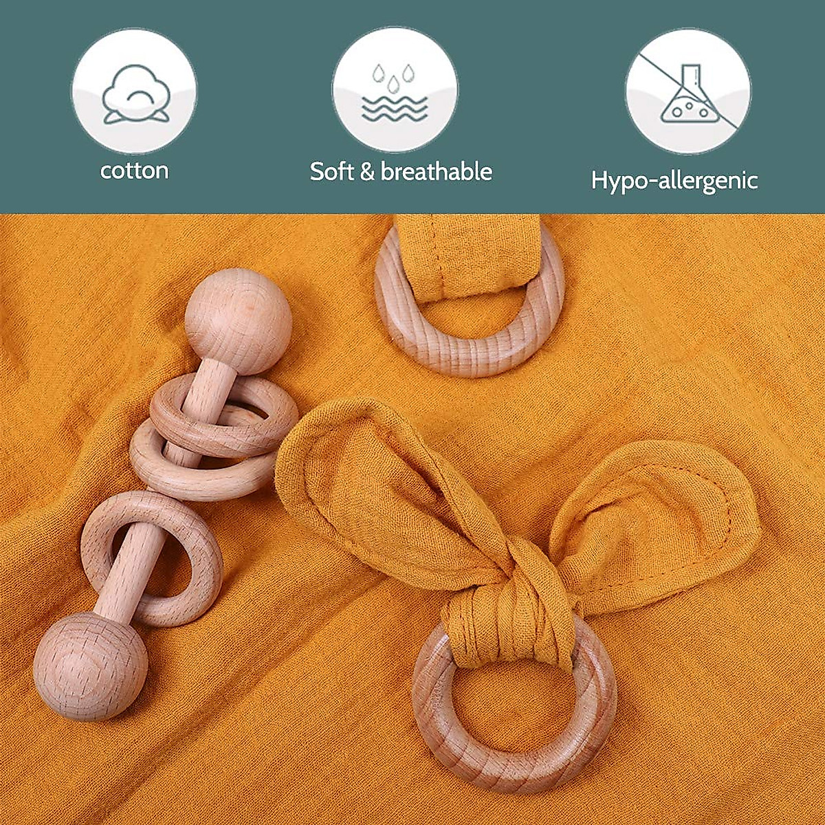Baby Lovey, Wood Rattle, Teether Ring, 3 Pack Montessori Gift, Ginger, 100% Cotton, Double Gauze, Baby Girl Shower Gift