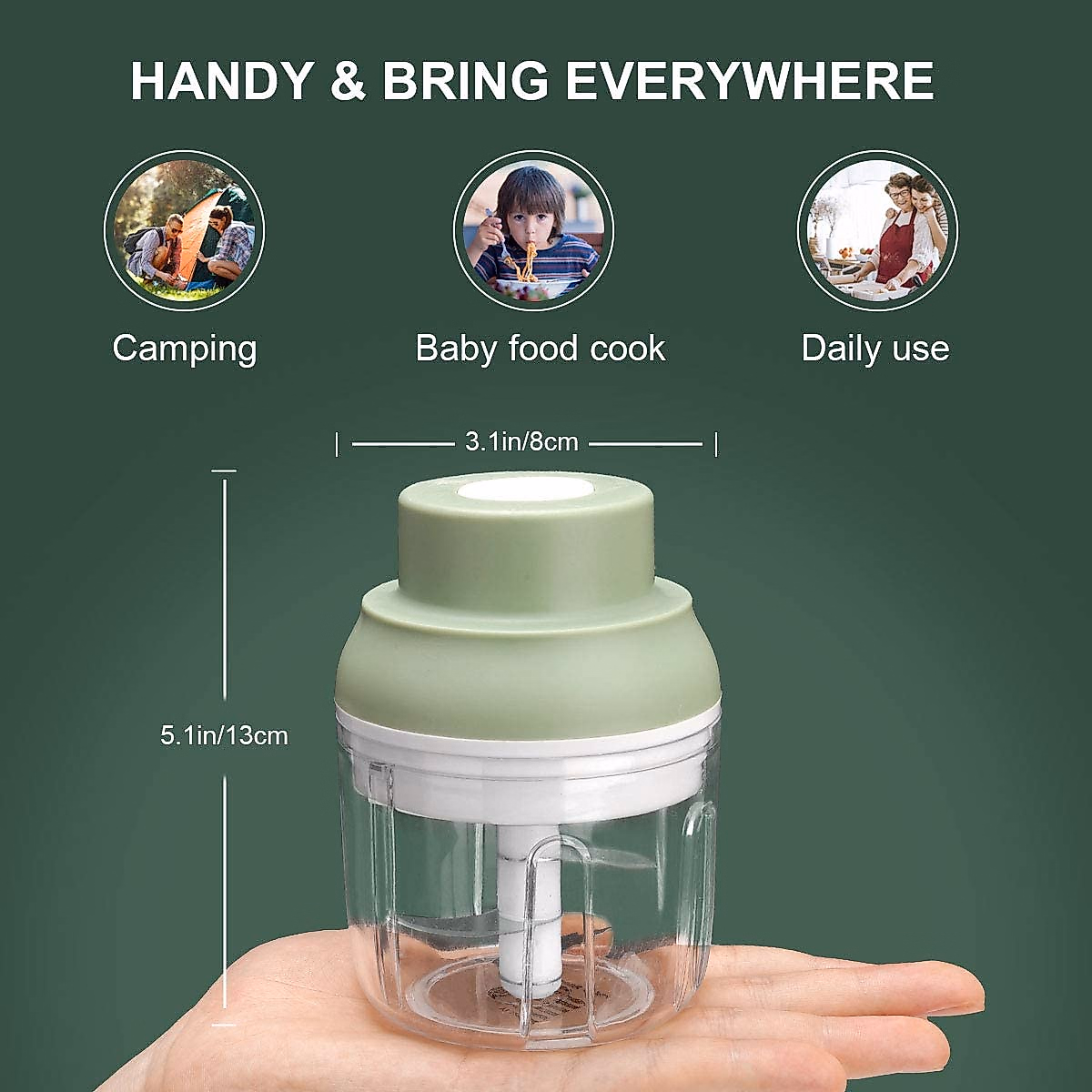 Electric Garlic Chopper Mini, Garlic Masher Mincer Crusher Pepper Chili Nuts Meat Grinder, Food Processor Small with Garlic Peeler And Spoon, 250ML/8.5FL OZ, Green