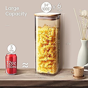 HomArtist Square Glass Jars with Bamboo Lids 34 FL OZ [Set of 6], Glass Canisters with Airtight Lid, Glass Food Storage Container for Pasta, Flour, Sugar, Rice, Best for Kitchen & Pantry