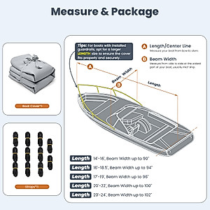 RVMasking Heavy Duty Middle 1400D Reinforced Boat Cover with Storage Bag Trailerable Marine Grade Waterproof Boat Cover Fits Bass Boat, V-Hull, Runabout, Length: 16'-18.5', Beam Width up to 94", Gray