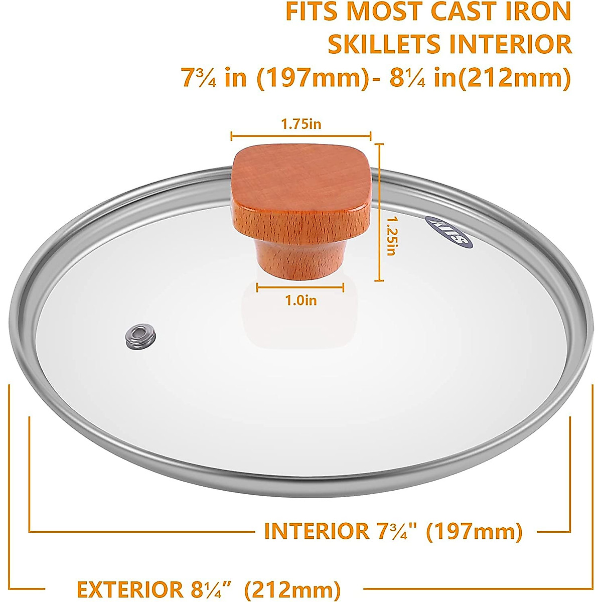 Universal Tempered Glass Lid ,saucepan Frying Pan Skillet Slow Cooker Pressure Cooker Cover,Replacement for Pan pot lids , Square Wood Lid Knob, Transparent glass for clear viewing,8.0"/20cm