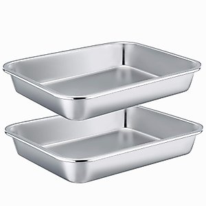 E-far Stainless Steel Sheet Cake Pan Set of 2, 10.6 x 8.3 x1.7 Inches Small Brownie Baking Pan, Rectangular High-Sided Cookie Sheet Pan Fit for Toaster Oven, Non-Toxic & Heavy Duty, Dishwasher Safe