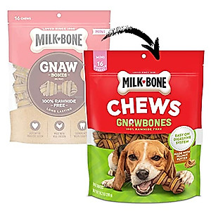 Milk-Bone Chews GnawBones Rawhide Free Dog Treats, Peanut Butter & Chicken, 16 Long Lasting Mini Knotted Bones