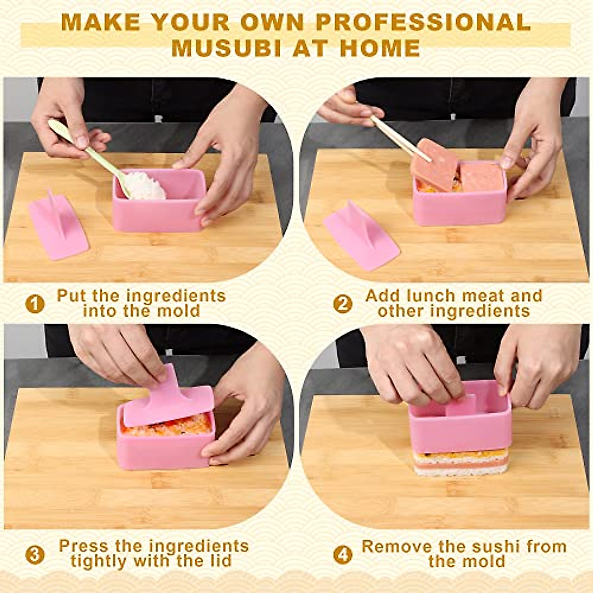 UERIAJIL Musubi Mold, Musubi Maker Press,Onigiri Mold, Non-Stick Luncheon Meat Slicer,Sushi Making Set for Delicious and Professional Results