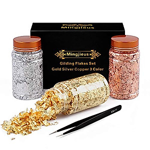 Gilding Flakes Set,Gold Foil Flakes for Resin,3 Bottles Metallic Foil Flakes for Resin Jewelry Making,Nails,Painting Art,Crafts and Slime(Gold, Silver, Copper Colors)