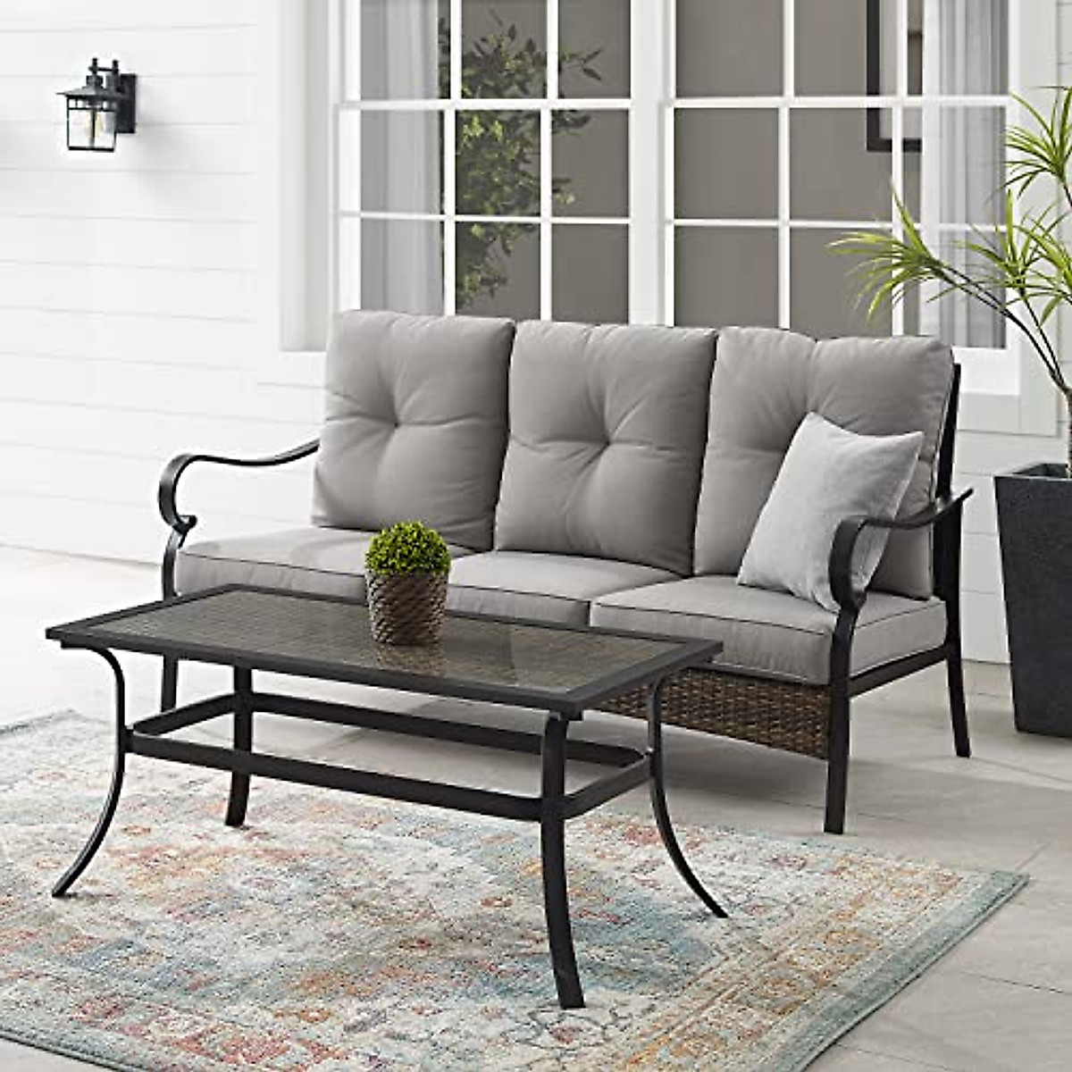 Crosley Furniture KO70350MB-TE Dahlia Outdoor Metal and Wicker 2-Piece Sofa Set (Sofa, Coffee Table), Matte Black with Taupe Cushions