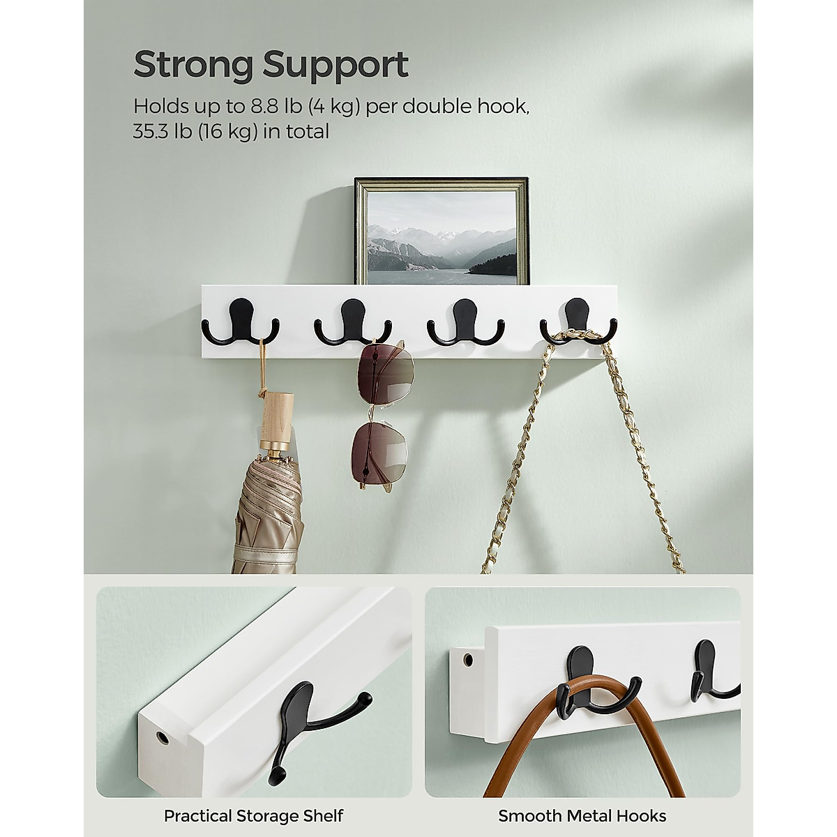 SONGMICS Coat Hooks Wall Mount, Coat Hanger Wall Mount, 4 Double Metal Hooks for Bags, Hats, Towels, for Entryway, Living Room, Bedroom, Loads up to 35.3 lb, Cloud White ULCR006W01