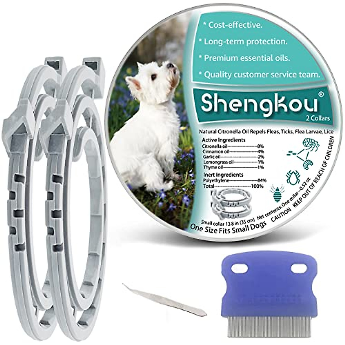 Natural Flea and Tick Collar for Small Dogs - Safe Prevention and Control of Pests on Puppies - Waterproof and Long-Lasting - Includes Free Comb and Tick Tweezer - 2-Pack, 13.8 Inches