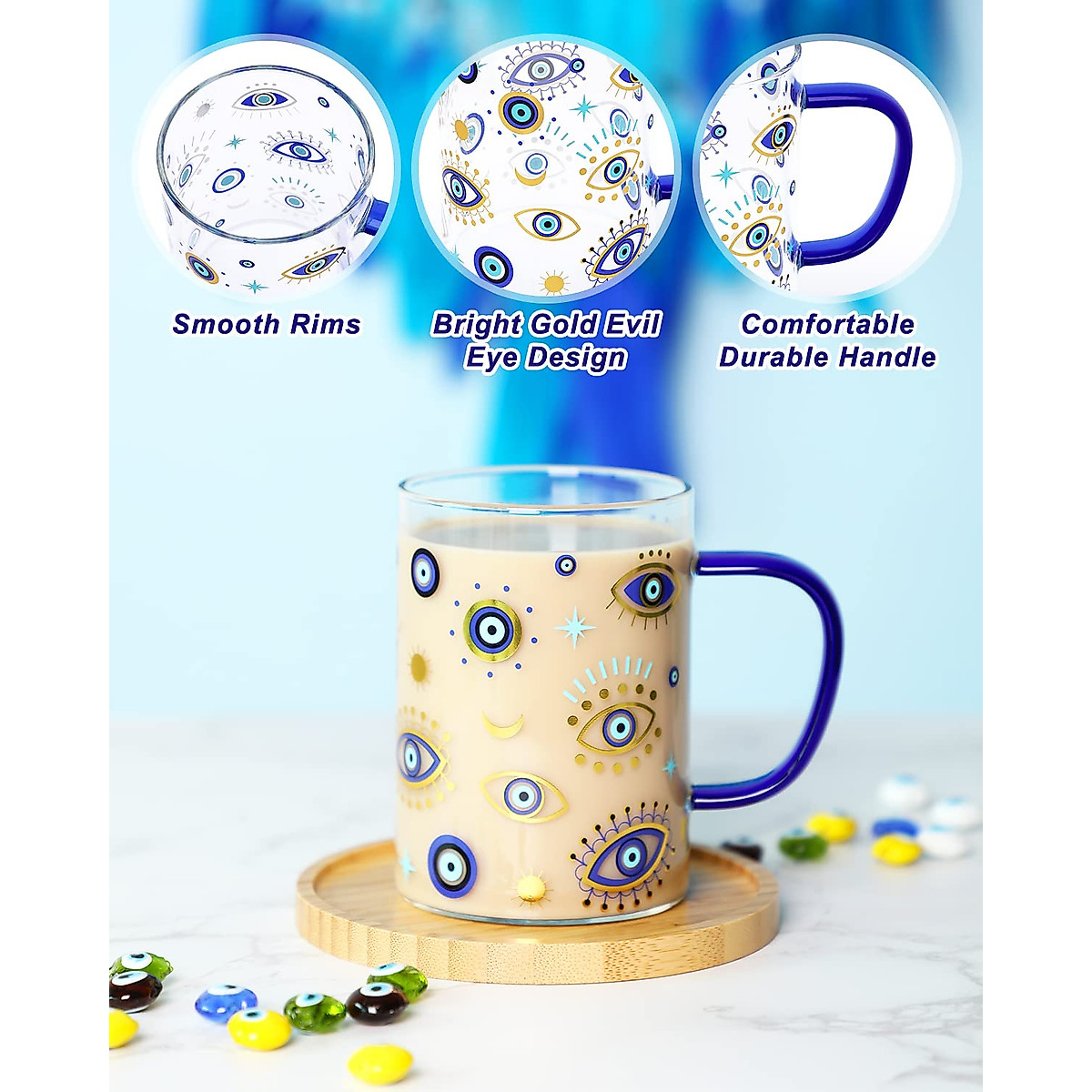Nefelibata Evil Eye Glass Coffee Cup with Handle 16oz Glass Can for Hot/Cold Beverages Cappuccino Latte Espresso Beer Hamsa Blue Evil Eye for Protection Tumbler Mug Heat-Resistant and Freezer Safe