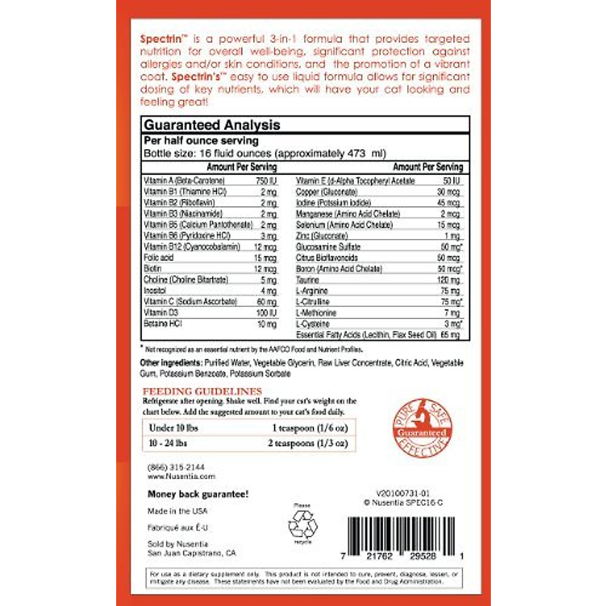 NUSENTIA Cat Vitamins - Spectrin 16 OZ - Liquid Vitamin & Antioxidant Supplement for Cats - 96 doses