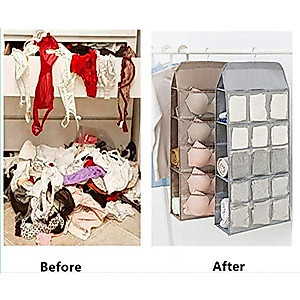 LCXEGO Dual Side Closet Hanging Organizer,3 Shelf Hanging Closet Organizer with Rotating Hanger and Mesh Pocket Bra Underwear Socks Towel Handbag Storage Oxford Bags (3+5+15Pockets,Light Grey)