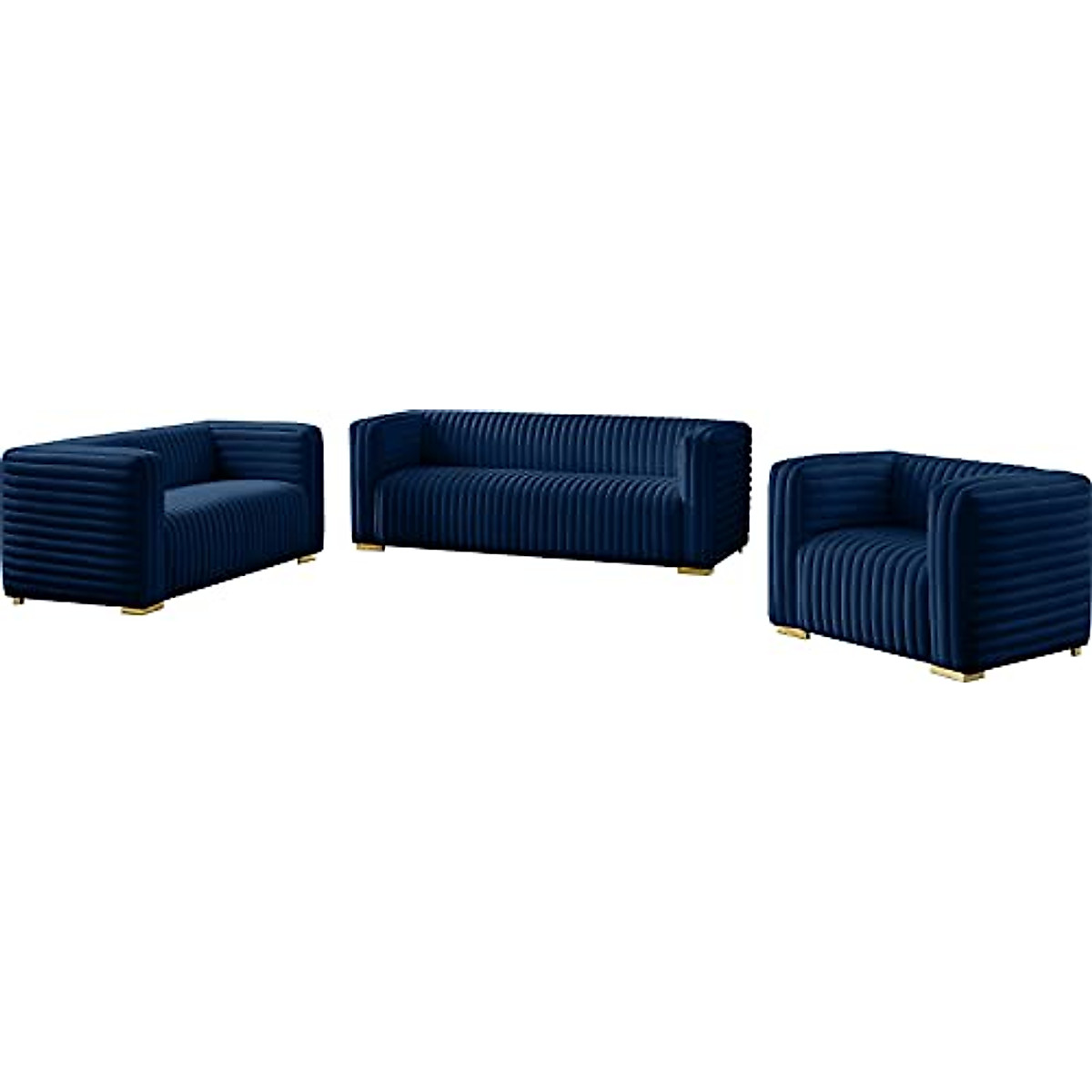 Meridian Furniture 640Navy-L Ravish Collection Modern | Contemporary Velvet Upholstered Loveseat with Deep Channel Tufting + Both Gold & Chrome Legs Included