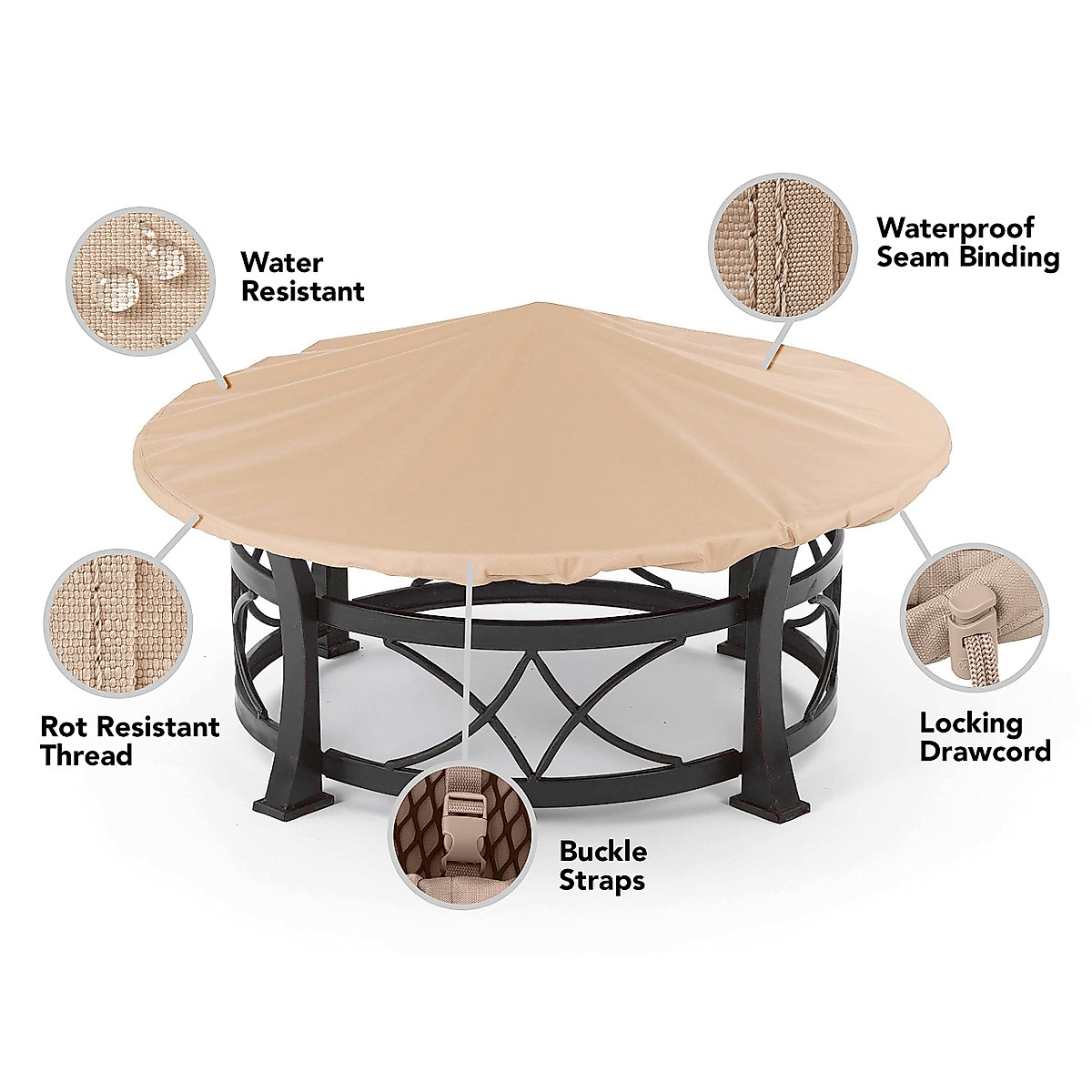 Covermates Round Firepit Top Cover - Heavy-Duty Polyester, Weather Resistant, Drawcord Hem, Fire Pit Covers-Ripstop Tan